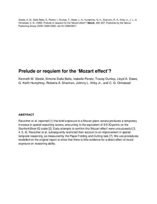 (PDF) Prelude or requiem for the ‘Mozart effect’?