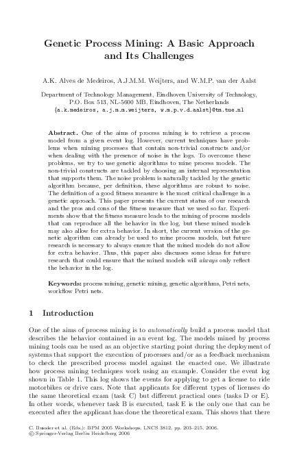 (PDF) Genetic Process Mining: A Basic Approach and Its Challenges