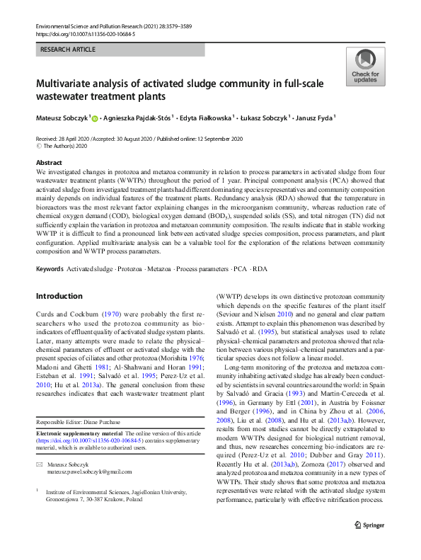 (PDF) Multivariate analysis of activated sludge community in full-scale wastewater treatment plants