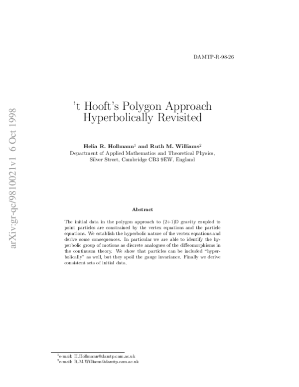 (PDF) t Hooft's Polygon Approach Hyperbolically Revisited
