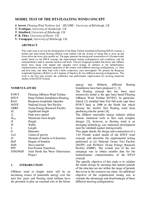 (PDF) Model test of the DTI-Floating wind concept