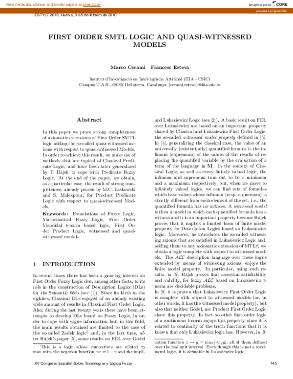 (PDF) First Order SMTL Logic and Quasi-Witnessed Models