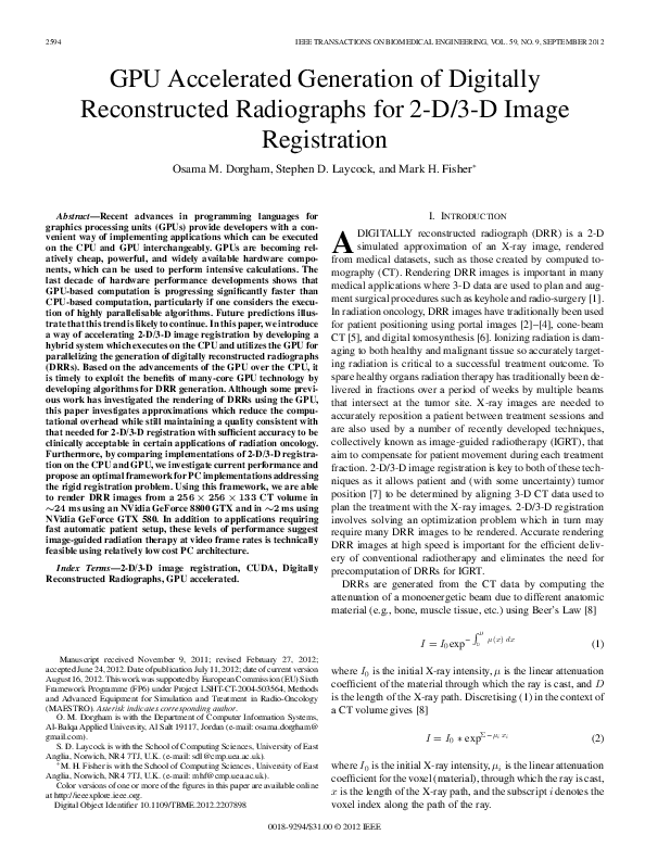 (PDF) GPU Accelerated Generation of Digitally Reconstructed Radiographs for 2-D/3-D Image ...