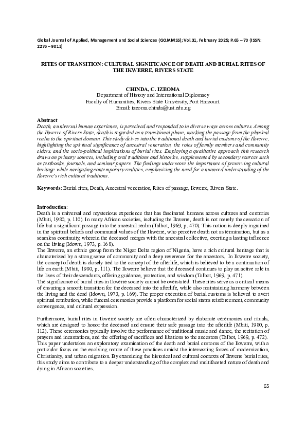 (PDF) RITES OF TRANSITION: CULTURAL SIGNIFICANCE OF DEATH AND BURIAL ...