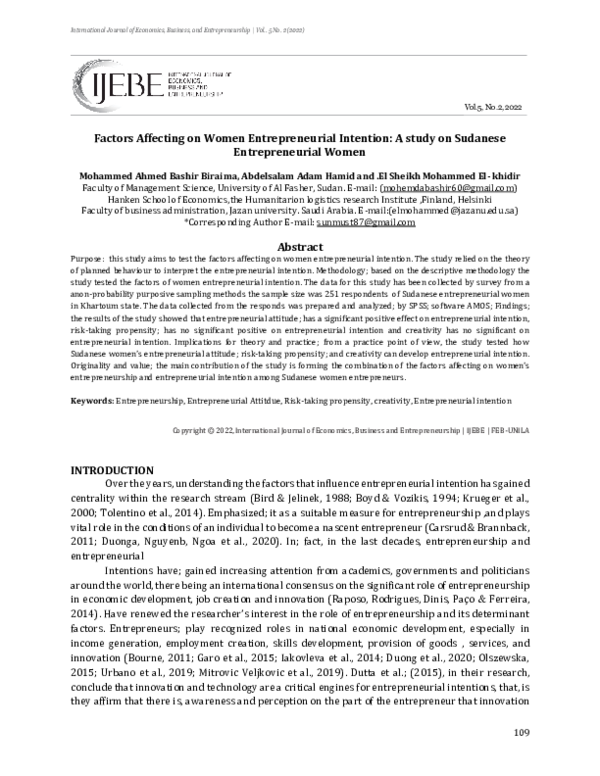 (PDF) factors affecting on women entrepreneurial intention: A study on Sudanese entrepreneurial ...