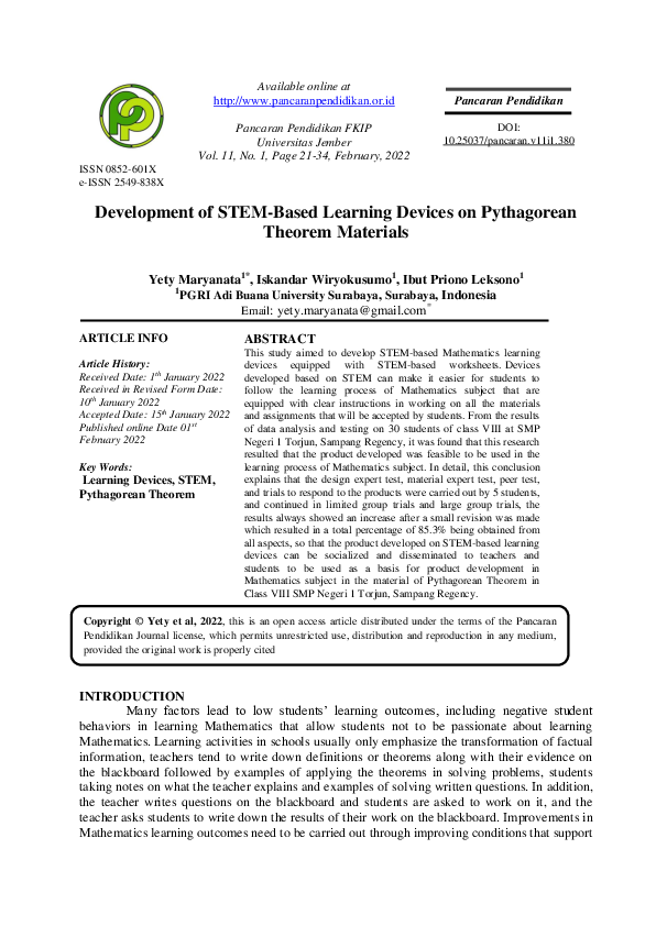 (PDF) Development of STEM-Based Learning Devices on Pythagorean Theorem Materials