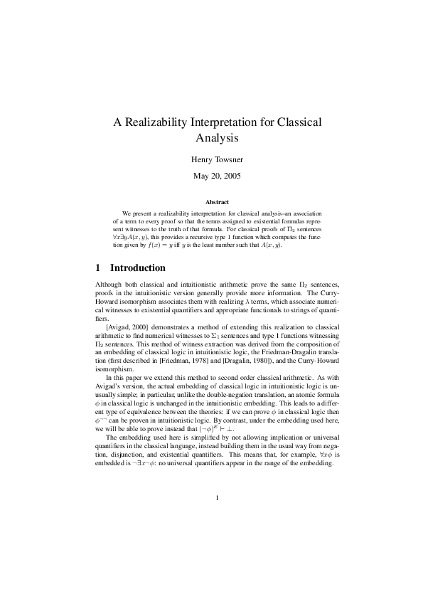 (PDF) A realizability interpretation for classical analysis