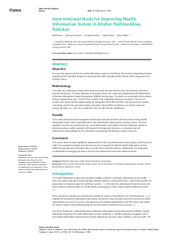 (PDF) Interventional Study for Improving Health Information System in Khyber Pakhtunkhwa, Pakistan