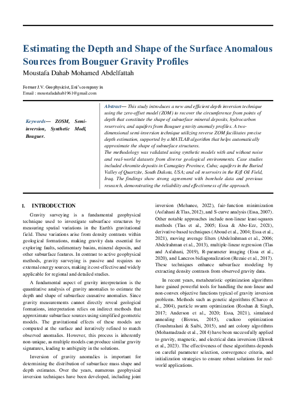 (PDF) Estimating the Depth and Shape of the Surface Anomalous Sources from Bouguer Gravity Profiles
