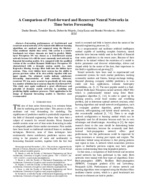 (PDF) A comparison of feed-forward and recurrent neural networks in time series forecasting