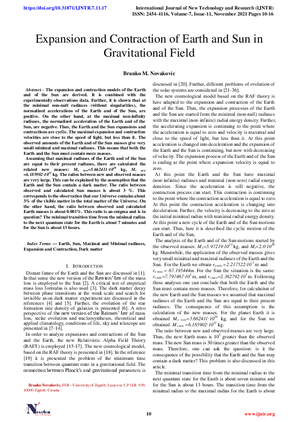 (PDF) Expansion and Contraction of Earth and Sun in Gravitational Field