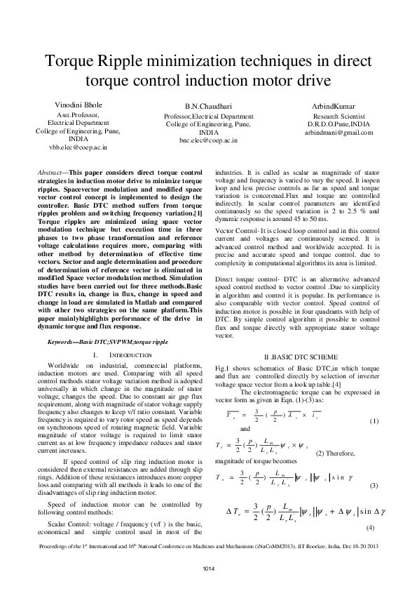 Pdf Torque Ripple Minimization Techniques In Direct Torque Control Induction Motor Drive