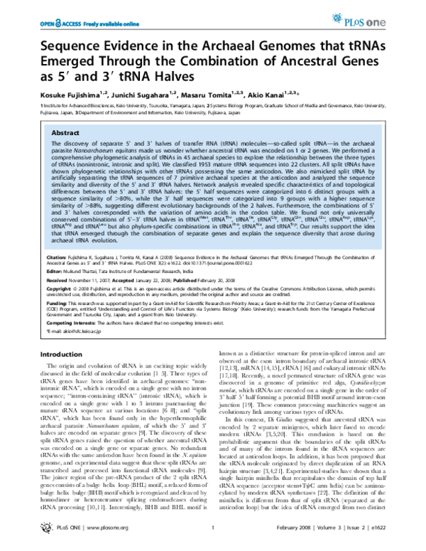Sequence Evidence in the Archaeal Genomes that tRNAs Emerged Through ...