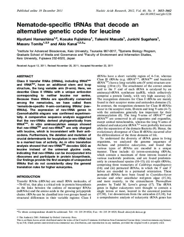 (PDF) Nematode-specific tRNAs that decode an alternative genetic code ...