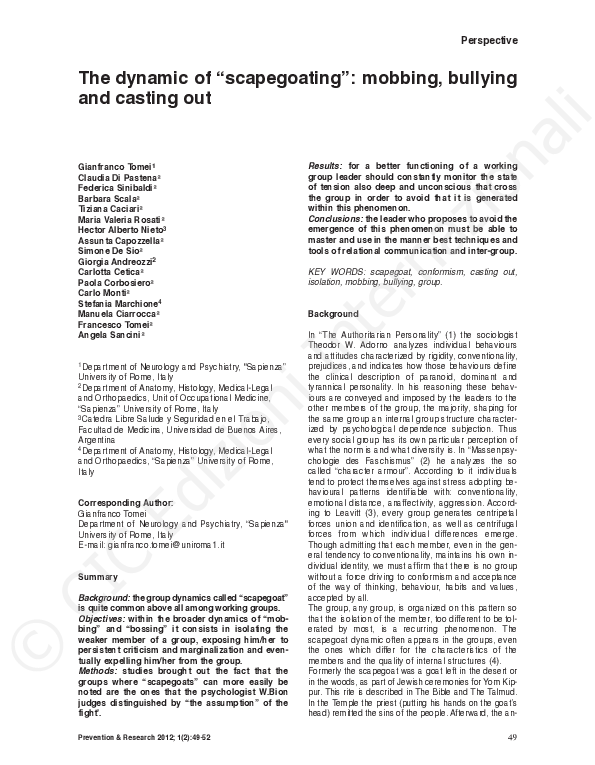 (PDF) The dynamic of scapegoating : mobbing, bullying and casting out