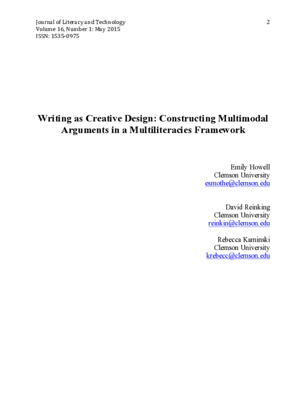 (PDF) Writing as Creative Design : Constructing Multimodal Arguments in a Multiliteracies Framework