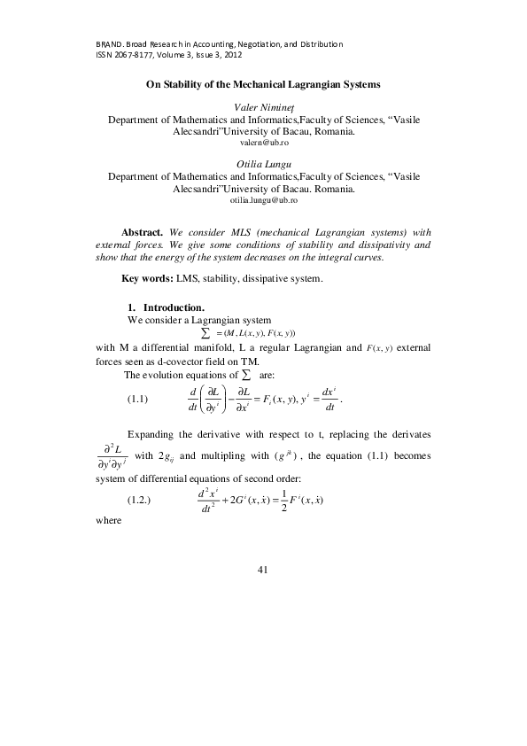 (PDF) On Stability of the Mechanical Lagrangian Systems