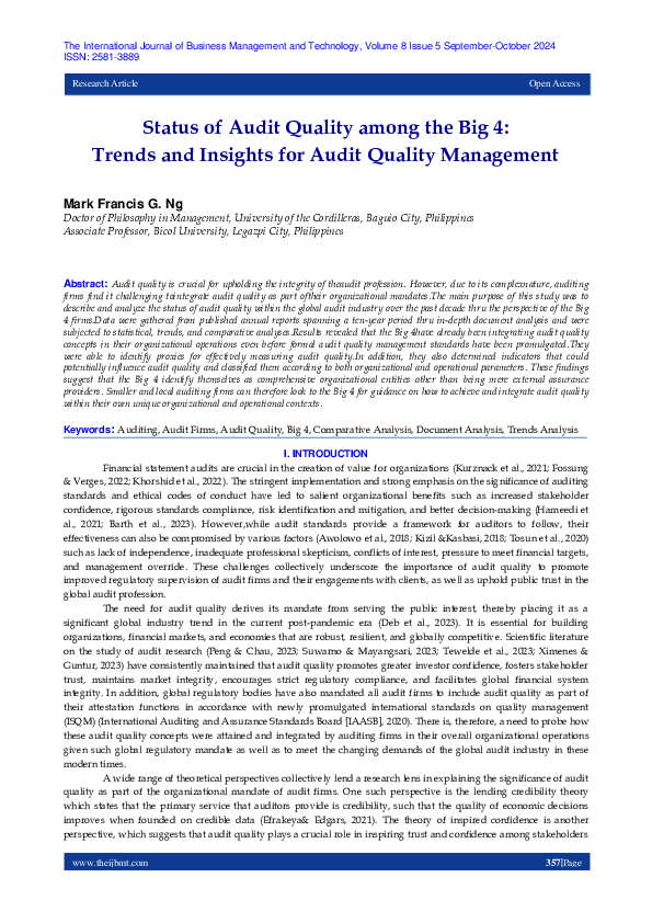 (PDF) Status of Audit Quality among the Big 4: Trends and Insights for Audit Quality Management