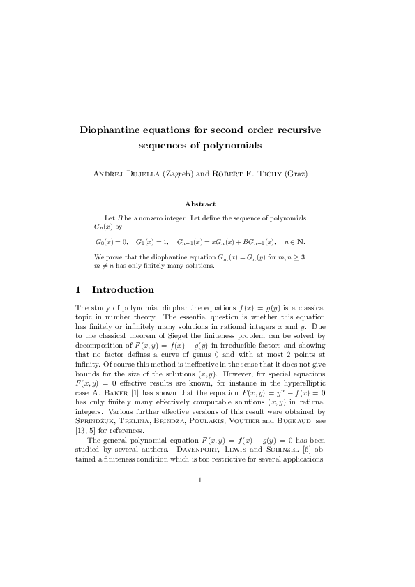 (PDF) Diophantine Equations for Second-Order Recursive Sequences of Polynomials