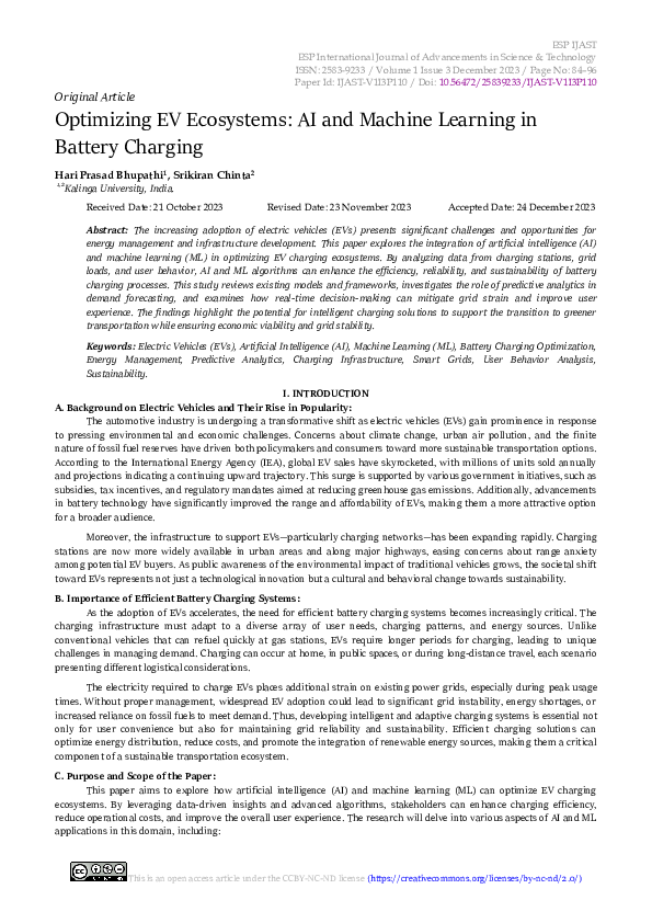 (PDF) Optimizing EV Ecosystems: AI and Machine Learning in Battery Charging