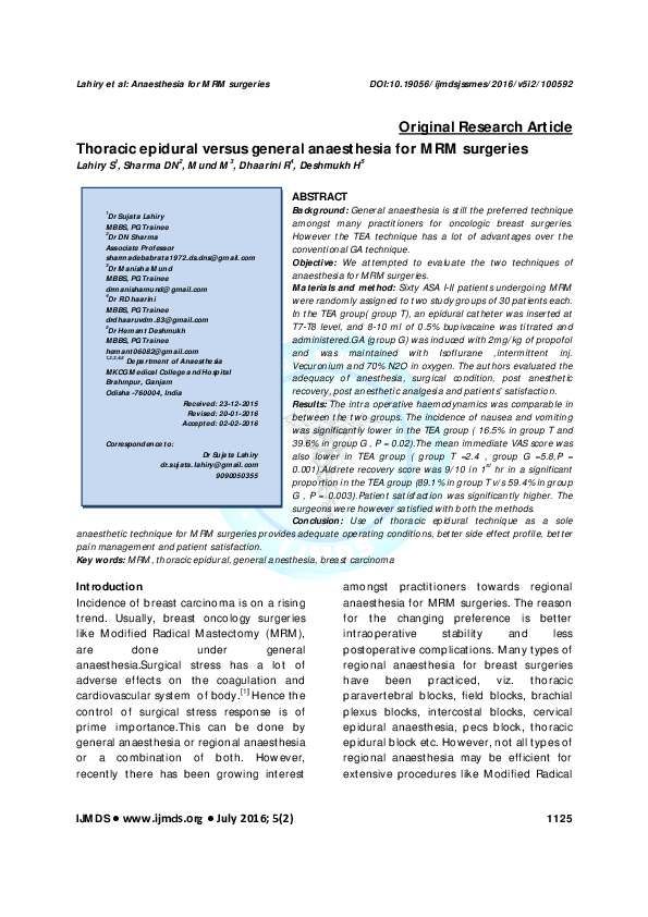 (PDF) Thoracic Epidural Versus General Anaesthesia for MRM Surgeries