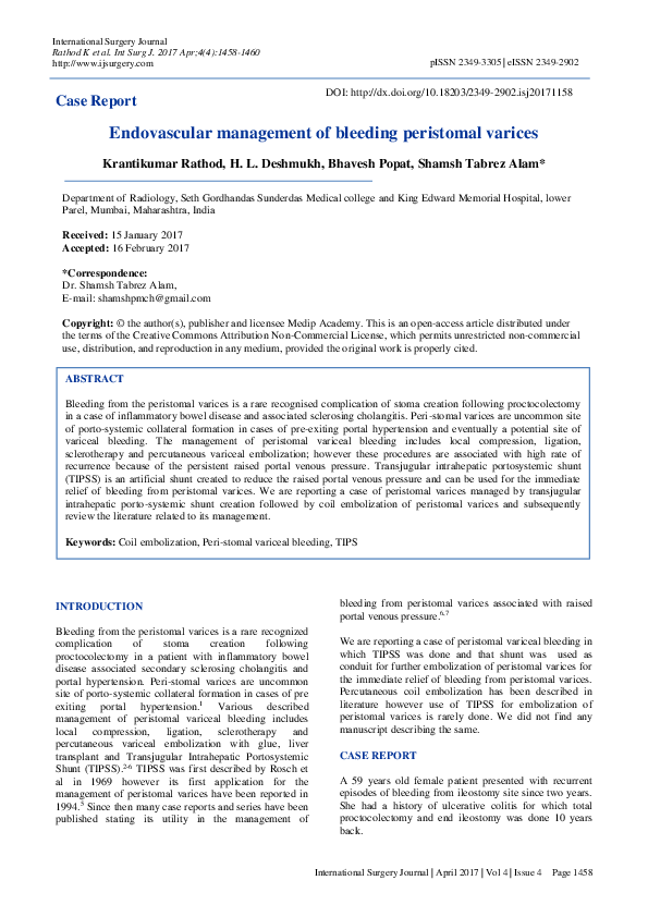 Endovascular management of bleeding peristomal varices