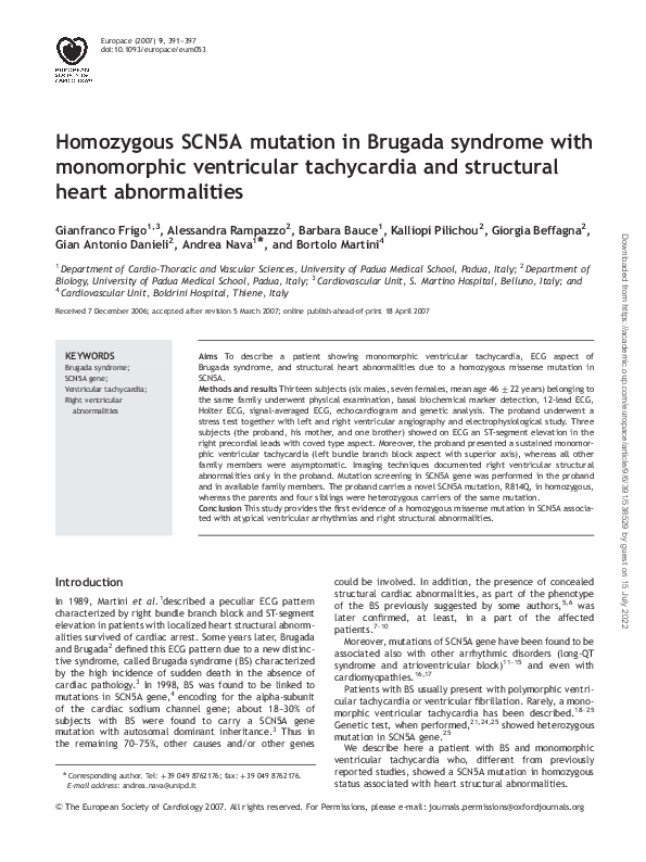 Homozygous SCN5A mutation in Brugada syndrome with monomorphic ...