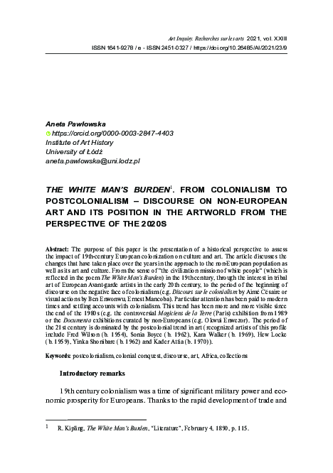 (PDF) THE WHITE MAN'S BURDEN 1 . FROM COLONIALISM TO POSTCOLONIALISM ...