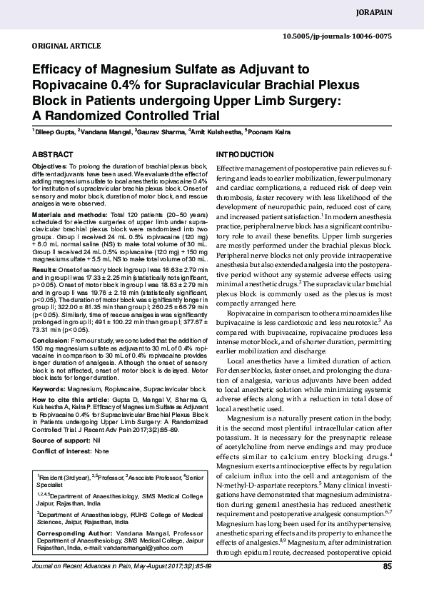 (PDF) Efficacy of Magnesium Sulfate as Adjuvant to Ropivacaine 0.4% for ...