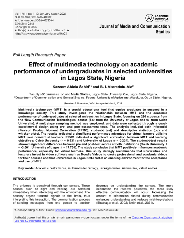 (PDF) Effect of Multimedia Technology on Academic Performance of ...
