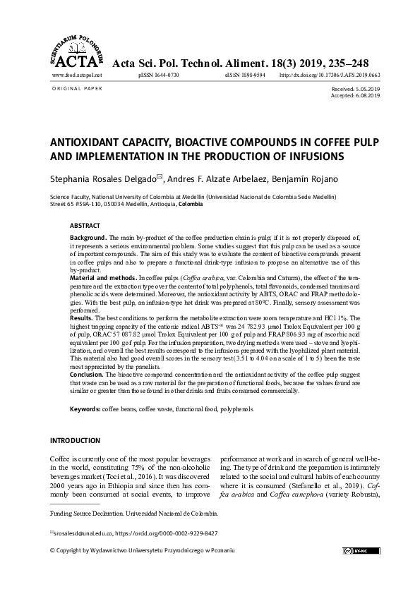 (PDF) Antioxidant capacity, bioactive compounds in coffee pulp and implementation in the ...