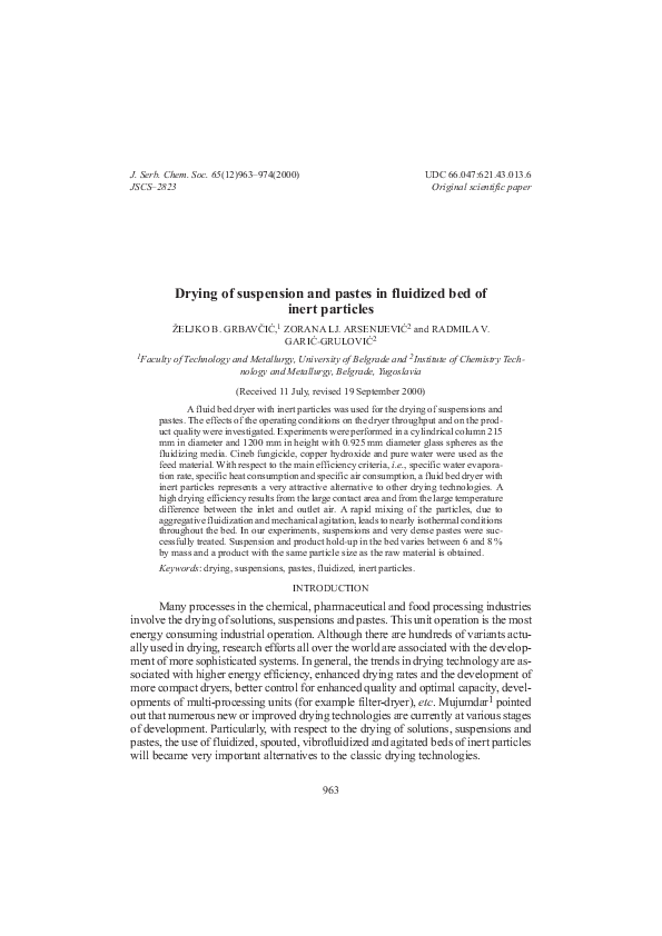 (PDF) Drying of suspension and pastes in fluidized bed of inert particles