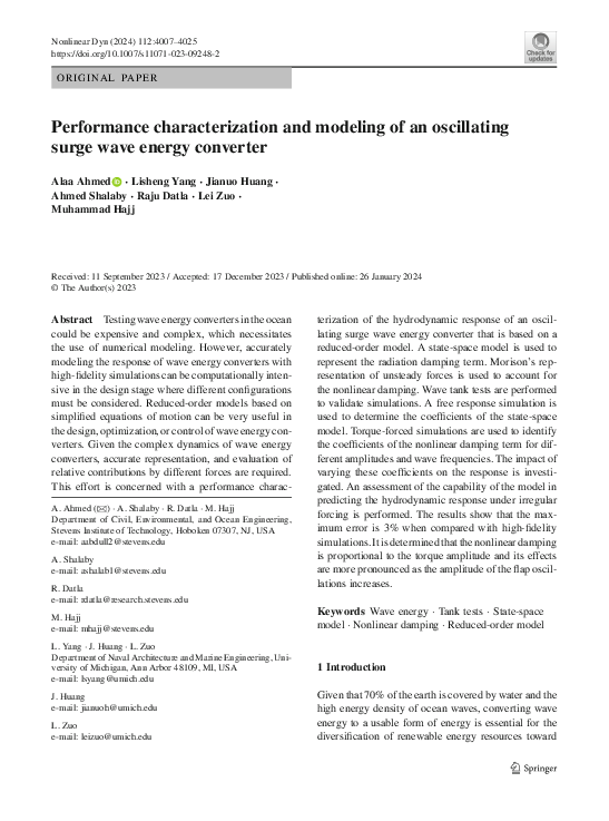 (PDF) Performance characterization and modeling of an oscillating surge wave energy converter