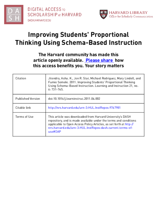 Improving students’ proportional thinking using schema-based instruction