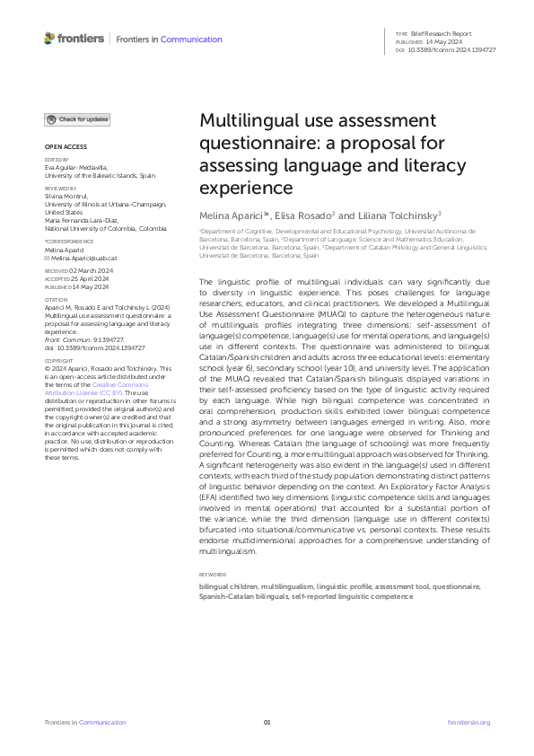 (PDF) Multilingual use assessment questionnaire: a proposal for assessing language and literacy ...