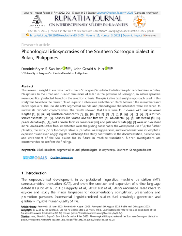 (PDF) Phonological idiosyncrasies of the Southern Sorsogon dialect in Bulan, Philippines