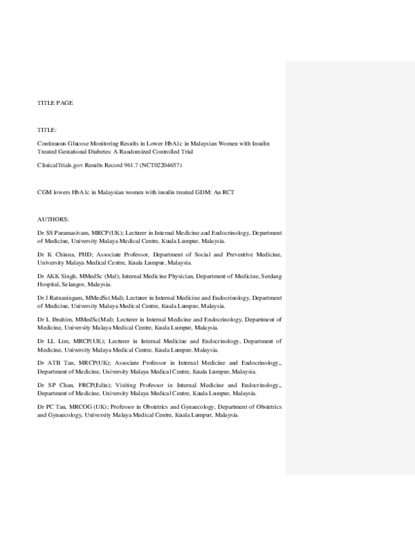 (PDF) Continuous glucose monitoring results in lower HbA 1c in Malaysian women with insulin ...