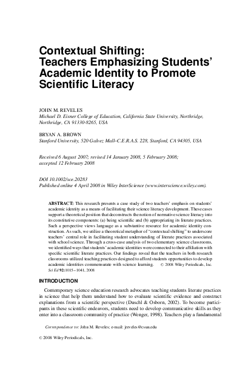 (PDF) Contextual shifting: Teachers emphasizing students' academic identity to promote ...