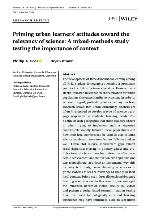 (PDF) Priming urban learners' attitudes toward the relevancy of science ...