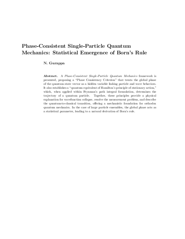 (PDF) Phase-Consistent Single-Particle Quantum Mechanics: Statistical Emergence of Born's Rule