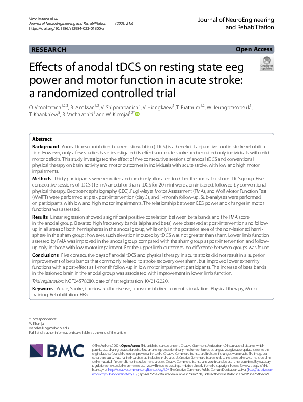 (PDF) Effects of anodal tDCS on resting state eeg power and motor function in acute stroke: a ...