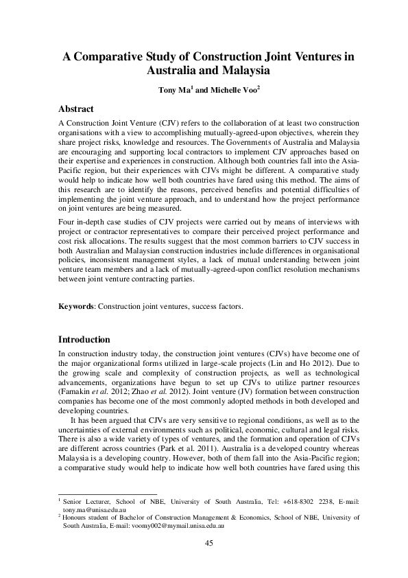 (PDF) A Comparative Study of Construction Joint Ventures in Australia ...