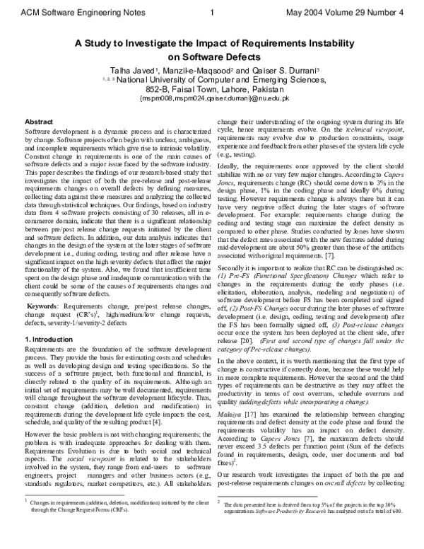 (PDF) A study to investigate the impact of requirements instability on software defects