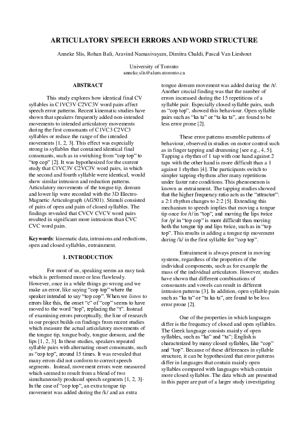 Articulatory speech errors and word structure