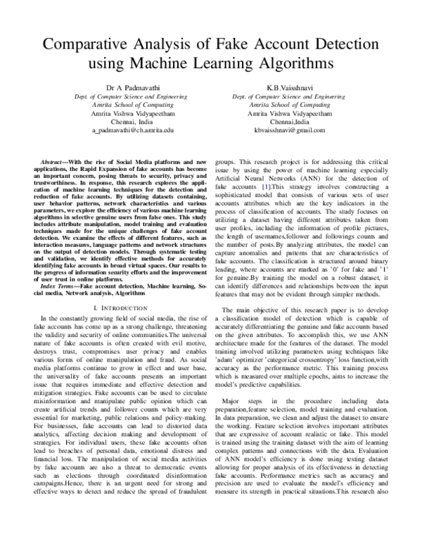 (PDF) Comparative Analysis of Fake Account Detection using Machine Learning Algorithms