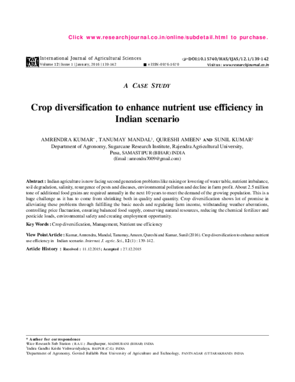 Crop diversification to enhance nutrient use efficiency in Indian scenario