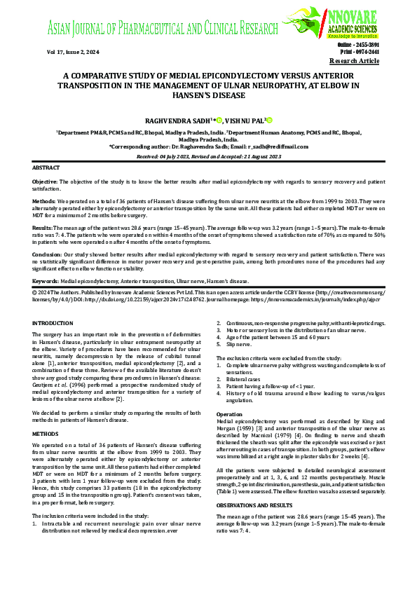 (PDF) A COMPARATIVE STUDY OF MEDIAL EPICONDYLECTOMY VERSUS ANTERIOR ...