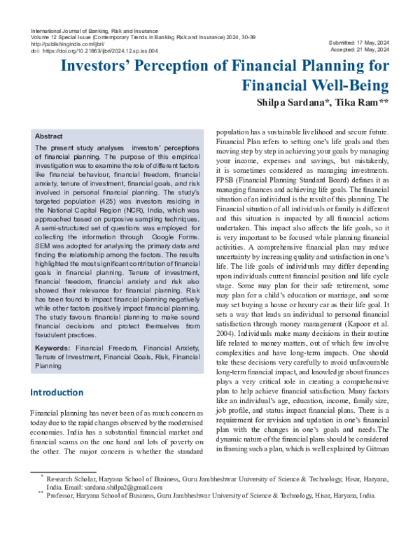 (PDF) Investors' Perception of Financial Planning for Financial Well-Being