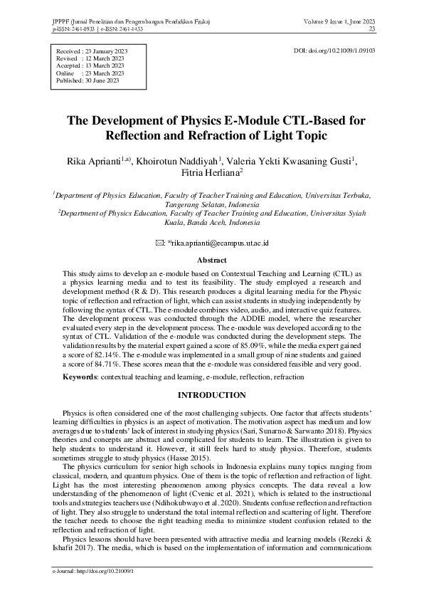 (PDF) Physics E-Module Development Based on Contextual Teaching and Learning on Reflection of ...