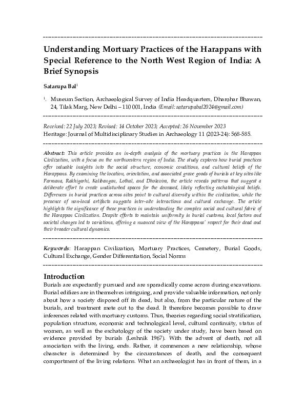 (PDF) Understanding Mortuary Practices of the Harappans with Special Reference to the North West ...
